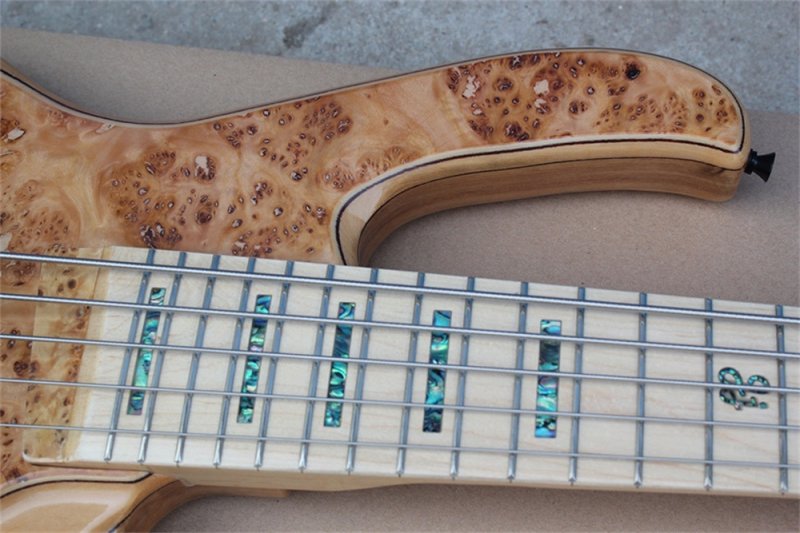 Custom 6 Strings Natural Wood Color Electric Bass Guitar with White ...