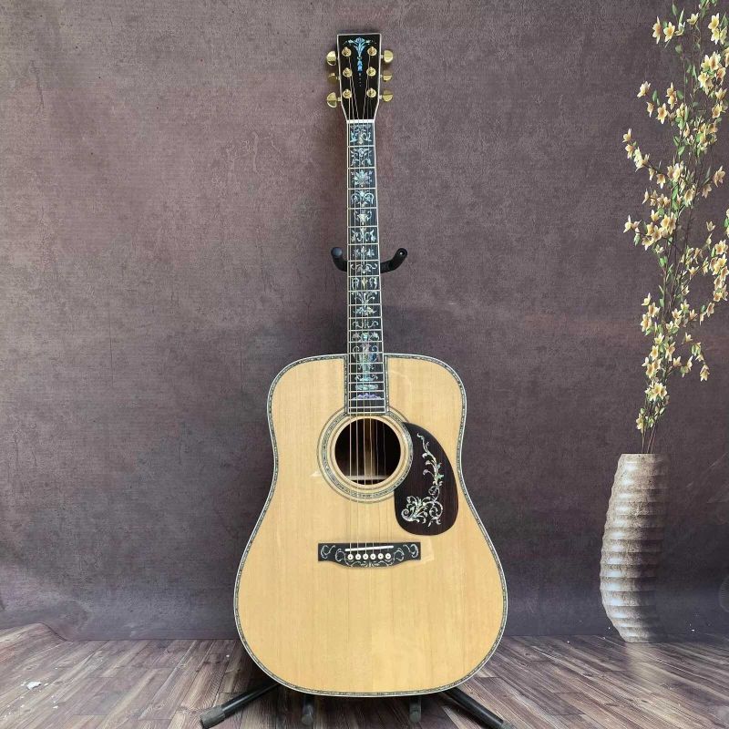 Solid Spruce Acoustic Guitar Ebony fingerboard Abalone Flower Inlays ...
